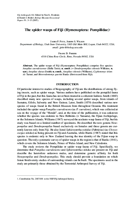 (PDF) The spider wasps of Fiji (Hymenoptera: Pompilidae)1
