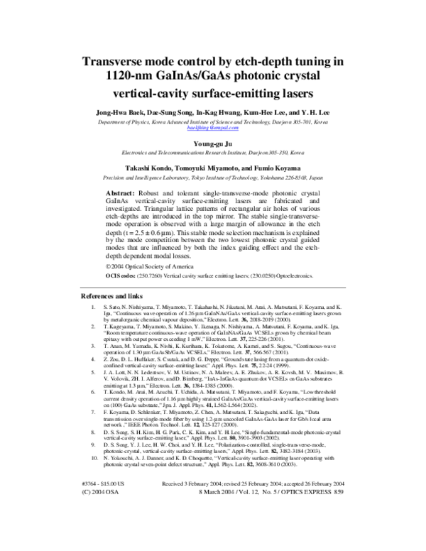 (PDF) Transverse mode control by etching depth tuning in 1120-nm GaInAs/GaAs photonic crystal ...