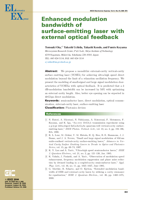 (PDF) Enhanced modulation bandwidth of surface-emitting laser with ...