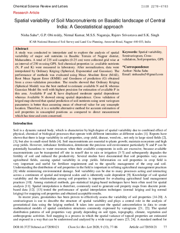 (PDF) Spatial variability of Soil Macronutrients on Basaltic landscape of Central India: A ...