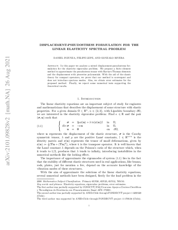 Pdf Displacement Pseudostress Formulation For The Linear Elasticity Spectral Problem A Priori