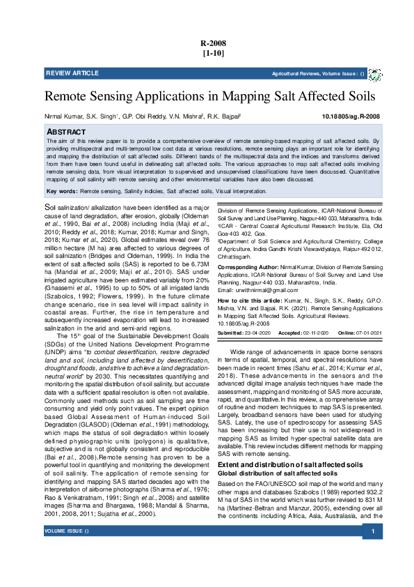 (PDF) Remote Sensing Applications in Mapping Salt Affected Soils