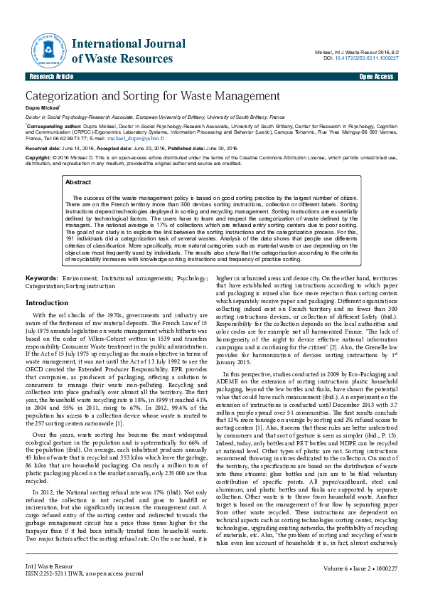 (PDF) Categorization and Sorting for Waste Management