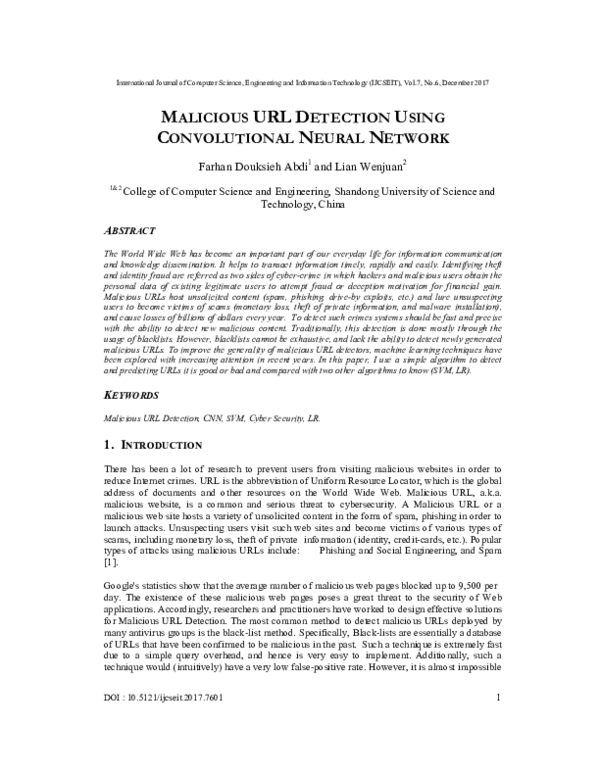 (PDF) Malicious URL Detection Using Convolutional Neural Network