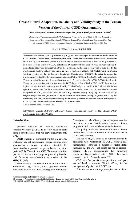 (PDF) Cross-Cultural Adaptation, Reliability and Validity Study of the Persian Version of the ...