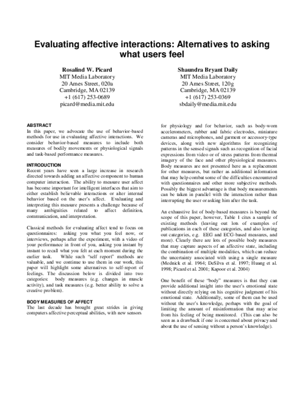 (PDF) Evaluating Affective Interactions: Alternatives to Asking What Users Feel