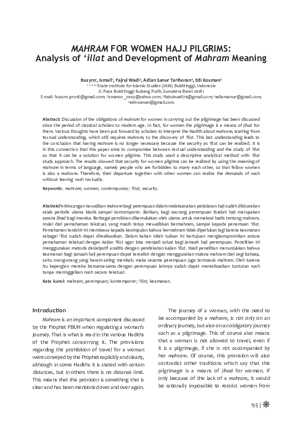 (PDF) Mahram for Women Hajj Pilgrims: Analysis of ‘illat and ...