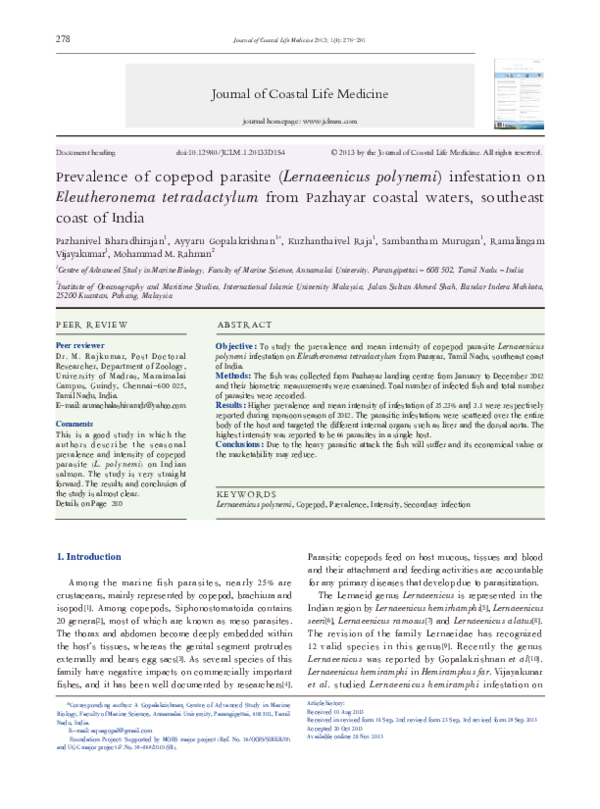 (PDF) Prevalence of copepod parasite (Lernaeenicus polynemi ...
