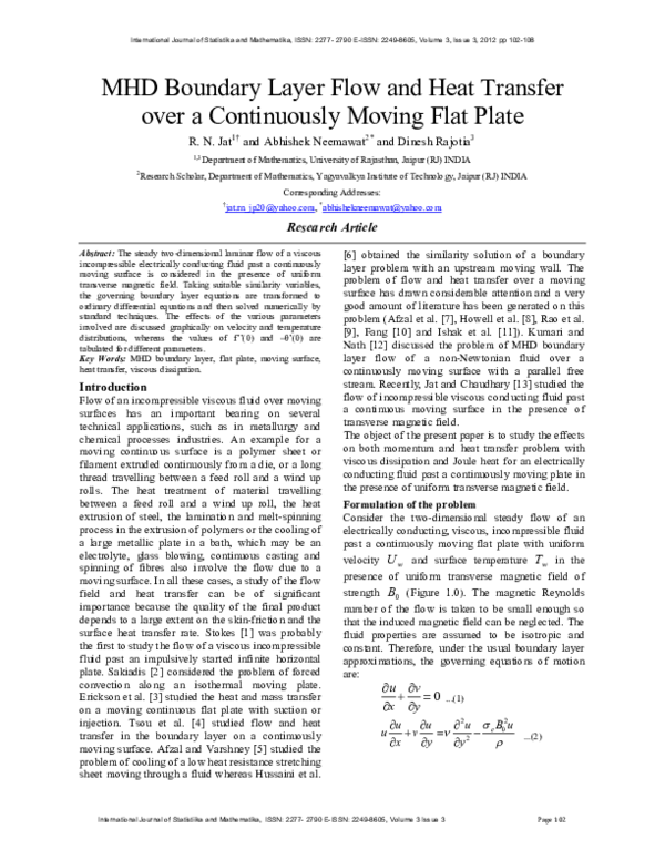(PDF) MHD Boundary Layer Flow and Heat Transfer over a Continuously Moving Flat Plate | abhishek ...