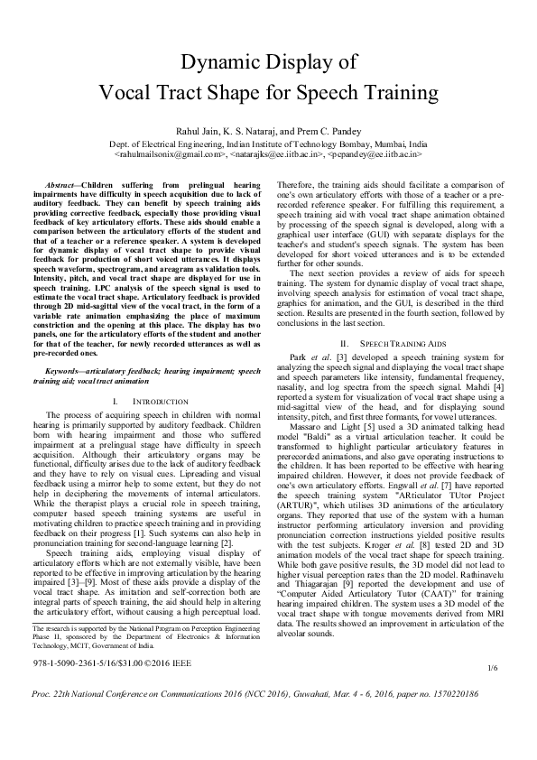 (PDF) Dynamic display of vocal tract shape for speech training