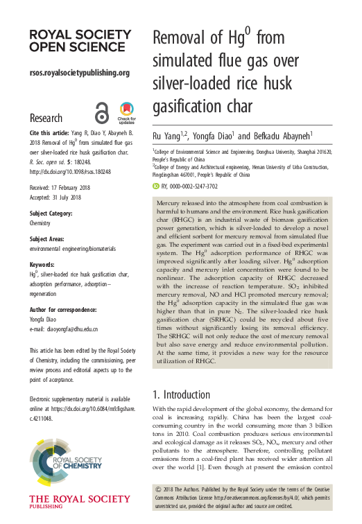 (PDF) Removal of Hg0 from simulated flue gas over silver-loaded rice ...