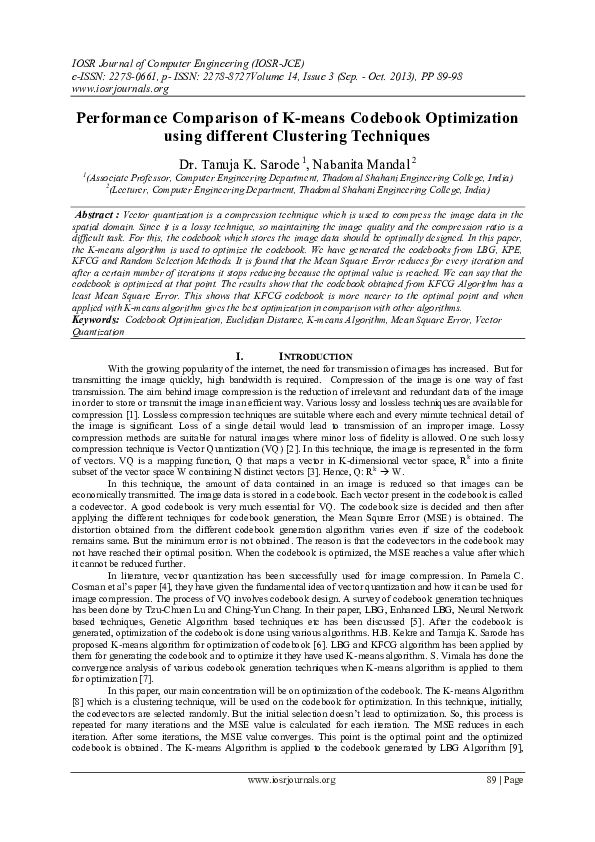 (PDF) Performance Comparison of K-means Codebook Optimization using different Clustering Techniques