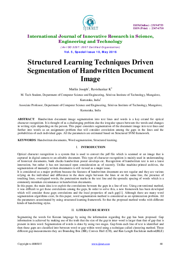 Structured Learning Techniques Driven Segmentation of Handwritten Document Image