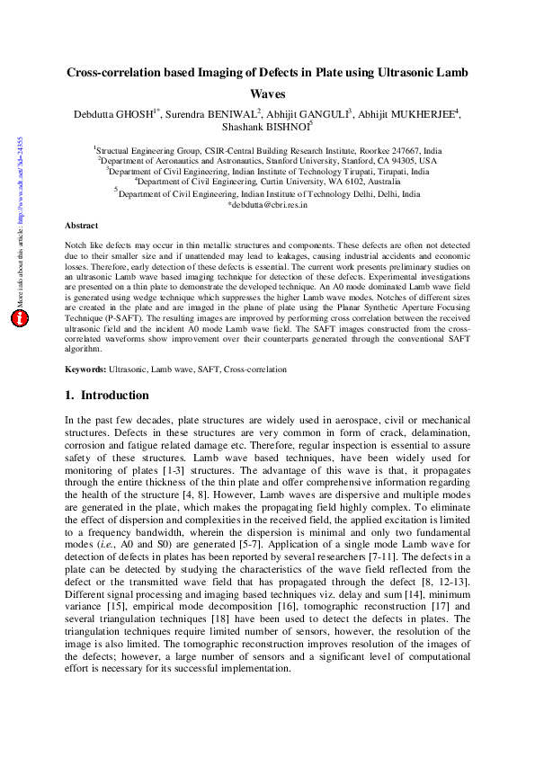 Pdf Cross Correlation Based Imaging Of Defects In Plate Using Ultrasonic Lamb Waves