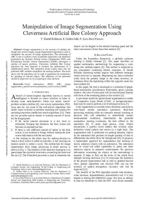 (PDF) Manipulation of Image Segmentation Using Cleverness Artificial Bee Colony Approach