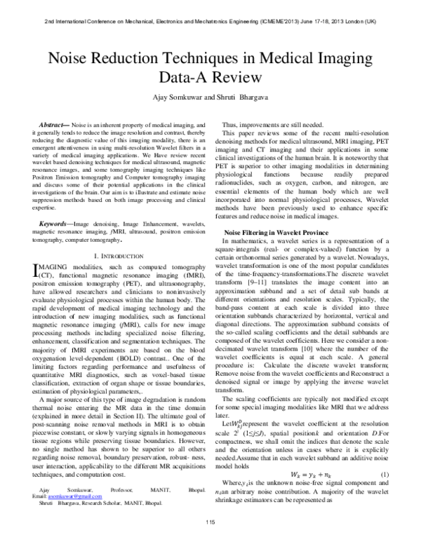 (PDF) Noise Reduction Techniques in Medical Imaging Data-A Review ...