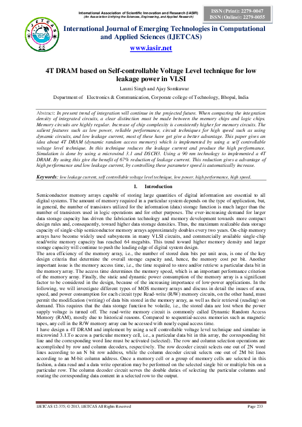 Pdf 4t Dram Based On Self Controllable Voltage Level Technique For Low Leakage Power In Vlsi