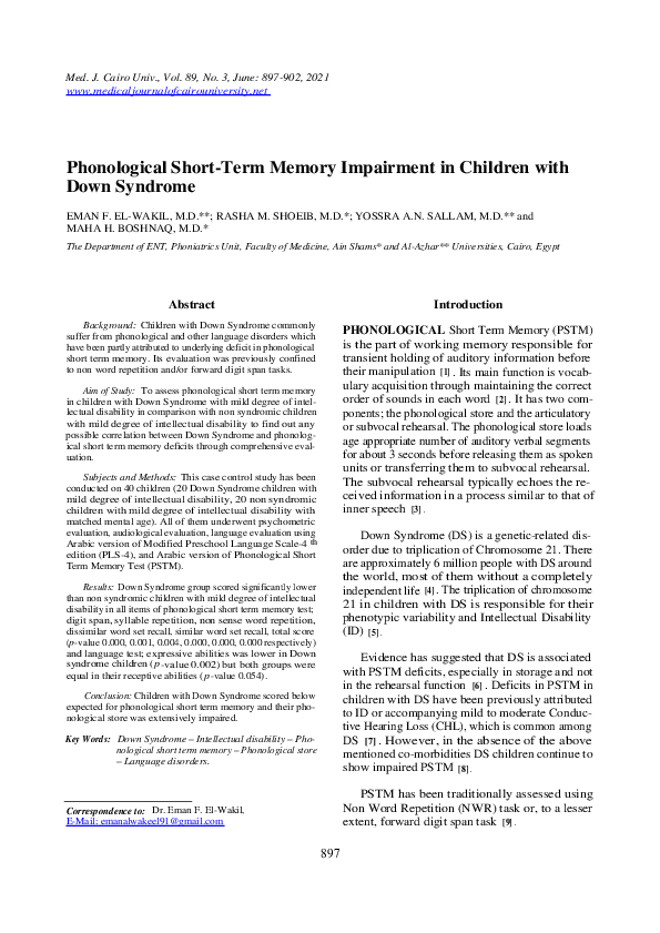 (PDF) Phonological Short-Term Memory Impairment in Children with Down Syndrome