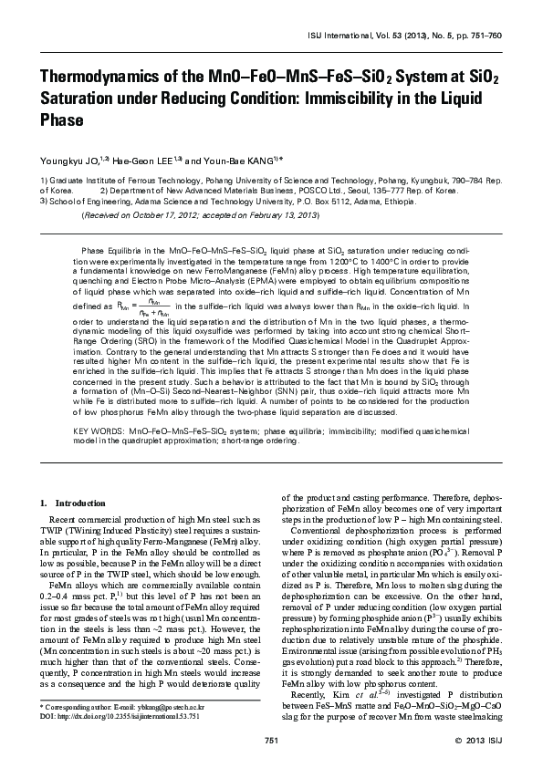 (PDF) Thermodynamics of the MnO-FeO-MnS-FeS-SiO2 system at SiO 2 ...
