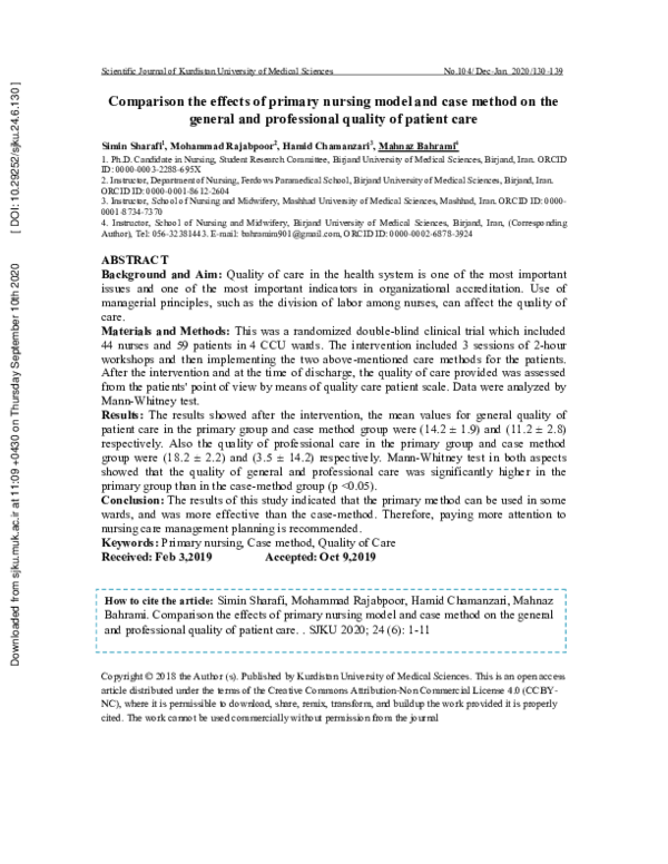 (PDF) Comparison the effects of primary nursing model and case method ...