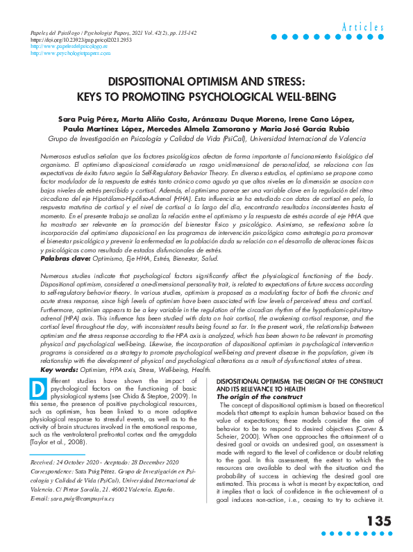 (PDF) Dispositional optimism and stress: keys to promoting ...