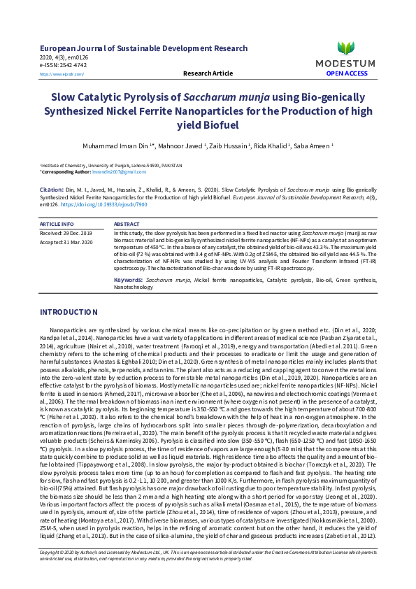 (PDF) Slow Catalytic Pyrolysis of Saccharum munja using Bio-genically ...