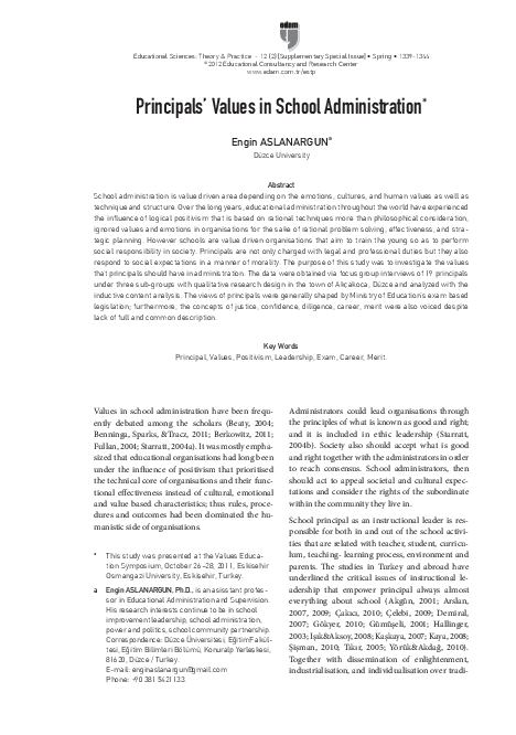 (PDF) Principals' Values in School Administration