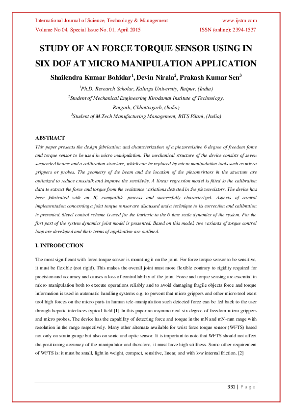 (PDF) Study of an Force Torque Sensor Using in Six Dof at Micro Manipulation Application