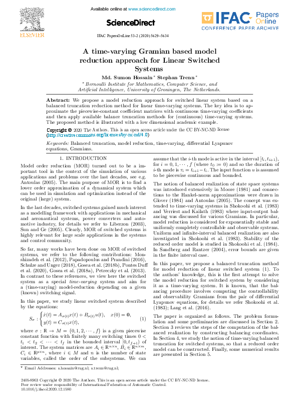 Pdf A Time Varying Gramian Based Model Reduction Approach For Linear