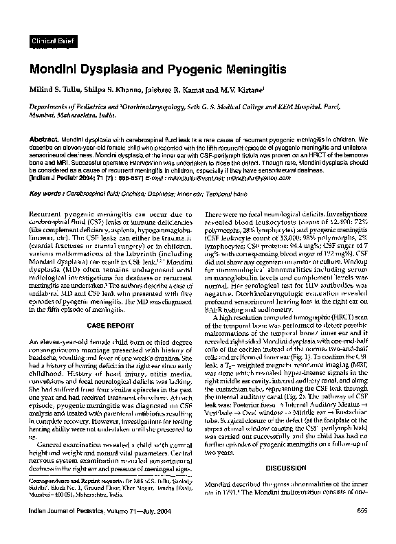 (PDF) Mondini dysplasia and pyogenic meningitis | Milind Tullu ...