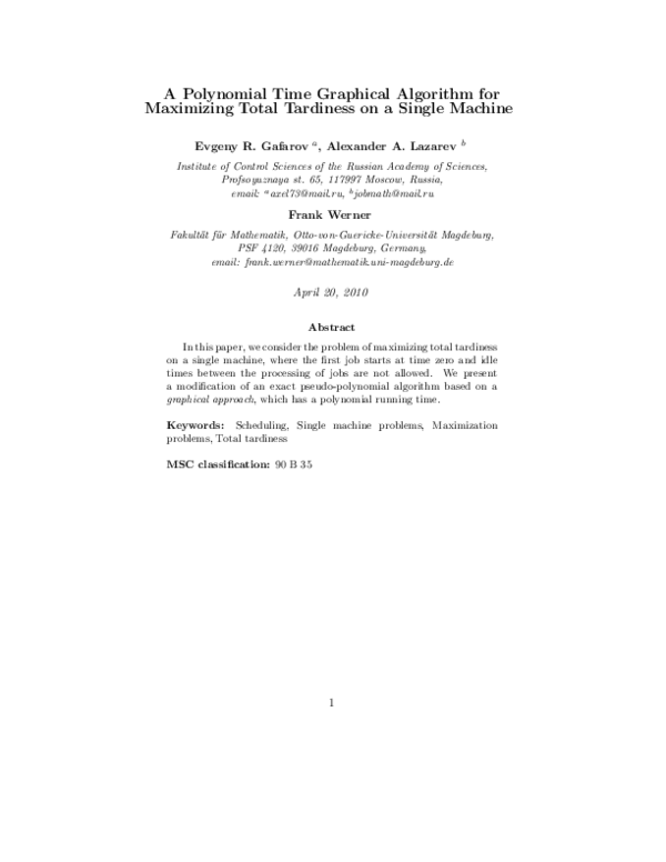 (PDF) A Polynomial Time Graphical Algorithm for Maximizing Total Tardiness on a Single Machine ...