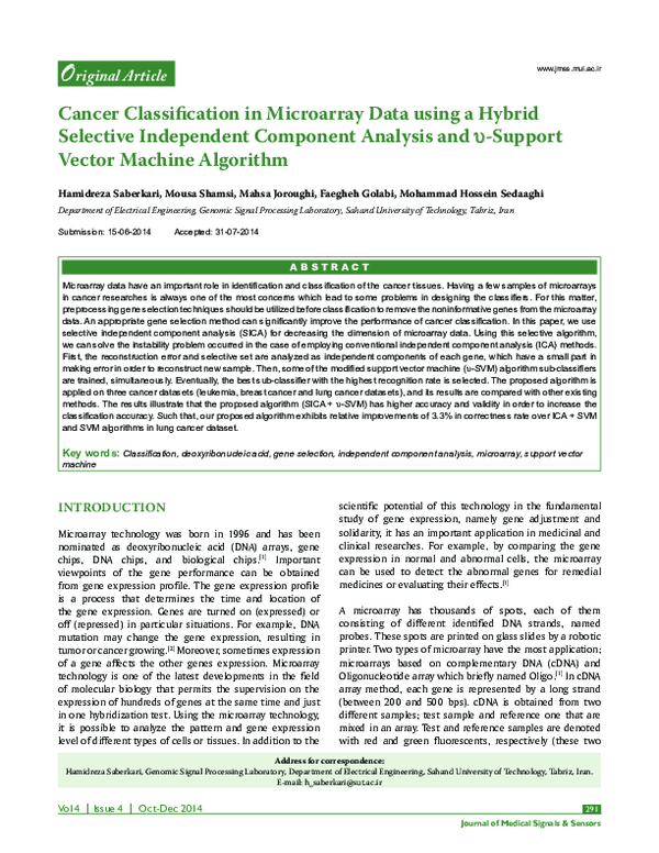 (PDF) Cancer Classification in Microarray Data using a Hybrid Selective Independent Component ...