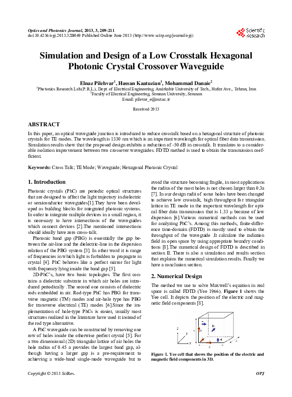 (PDF) Simulation and Design of a Low Crosstalk Hexagonal Photonic Crystal Crossover Waveguide