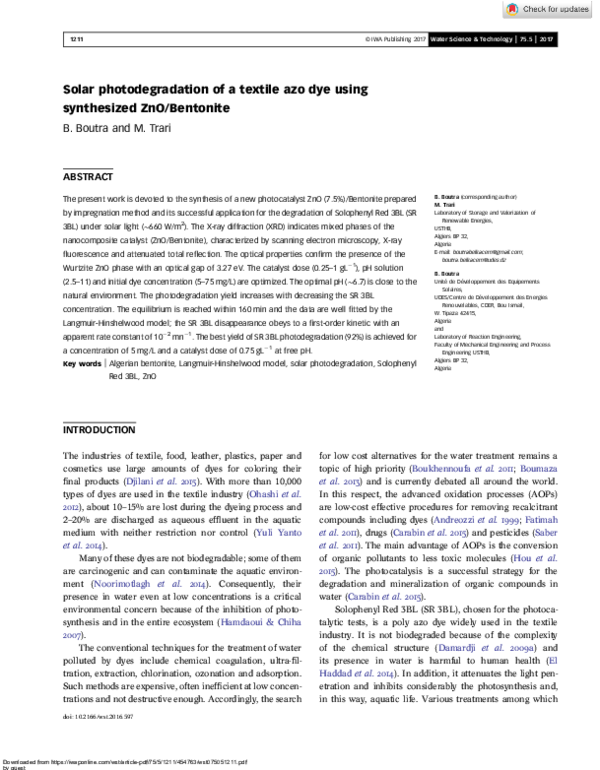 (PDF) Solar photodegradation of a textile azo dye using synthesized ZnO/Bentonite