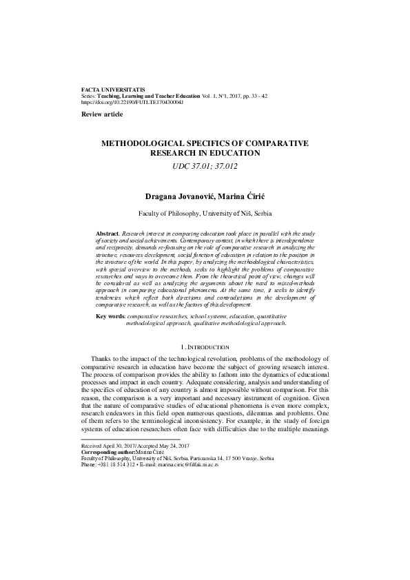 (PDF) Methodological Specifics of Comparative Research in Education