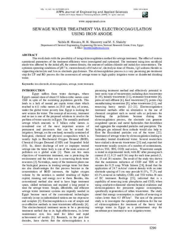 (PDF) Sewage Water Treatment via Electrocoagulation Using Iron Anode