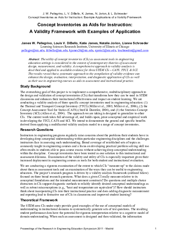 (PDF) Concept Inventories as Aids for Instruction: A Validity Framework ...