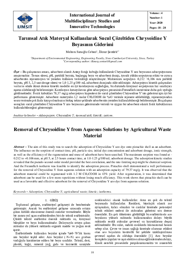 (PDF) Tarımsal Atık Materyal Kullanılarak Sucul Çözeltiden Chrysoidine ...