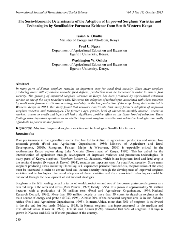 (PDF) Socio-economic determinants of adoption of improved sorghum varieties and technologies ...
