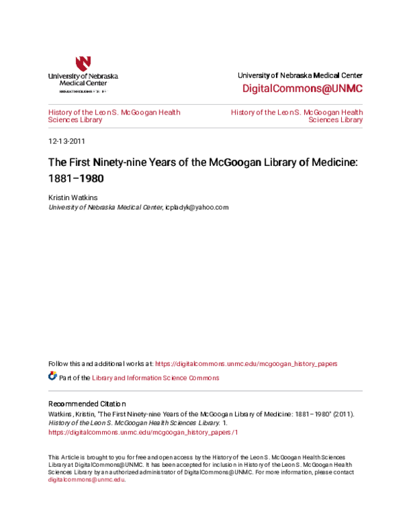(PDF) The First Ninety-nine Years of the McGoogan Library of Medicine ...