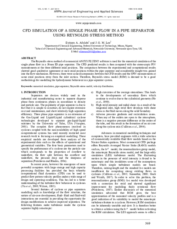 (PDF) CFD Simulation of a Single Phase Flow in a Pipe Separator Using Reynolds Stress Method