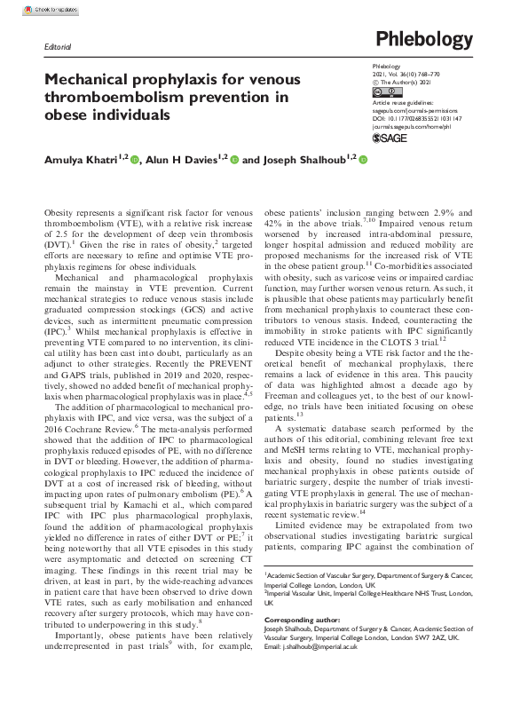 (PDF) Mechanical prophylaxis for venous thromboembolism prevention in ...