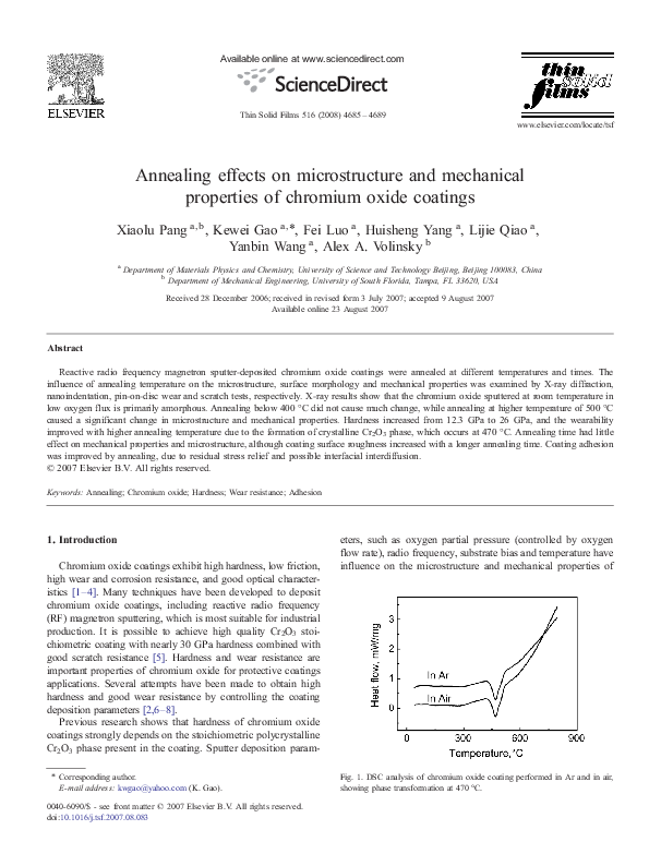 (PDF) Annealing effects on microstructure and mechanical properties of chromium oxide coatings