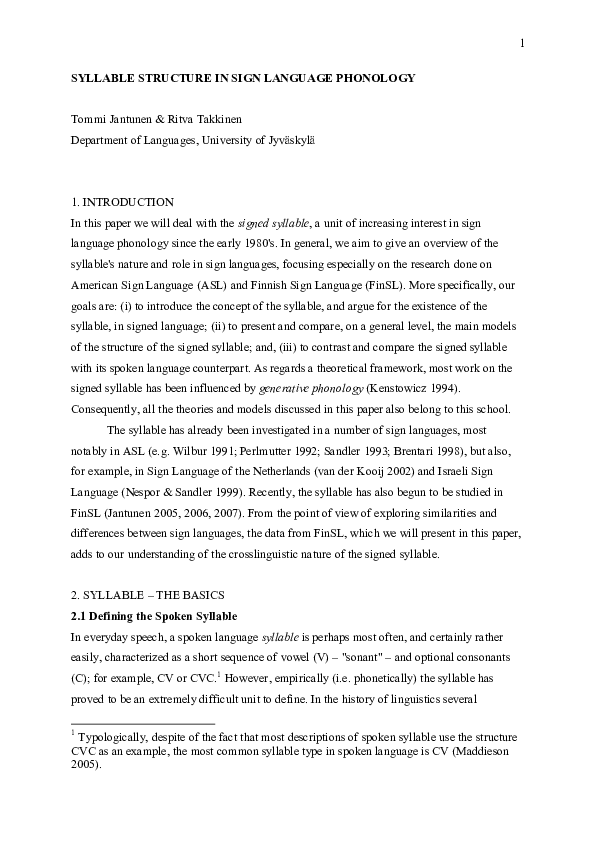 (PDF) 1 Syllable Structure in Sign Language Phonology