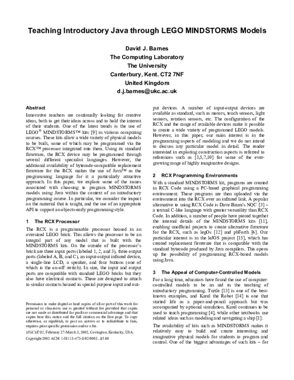 (PDF) Teaching Introductory Java Through LEGO MINDSTORMS models