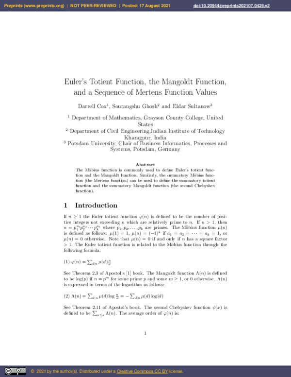 (PDF) Euler's Totient Function, the Mangoldt Function, and a Sequence of Mertens Function Values