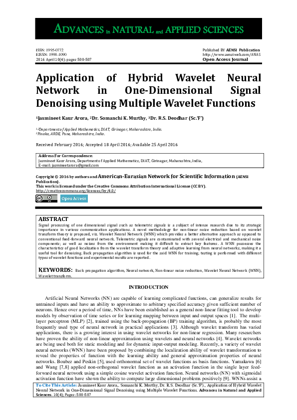 Pdf Application Of Hybrid Wavelet Neural Network In One Dimensional Signal Denoising Using