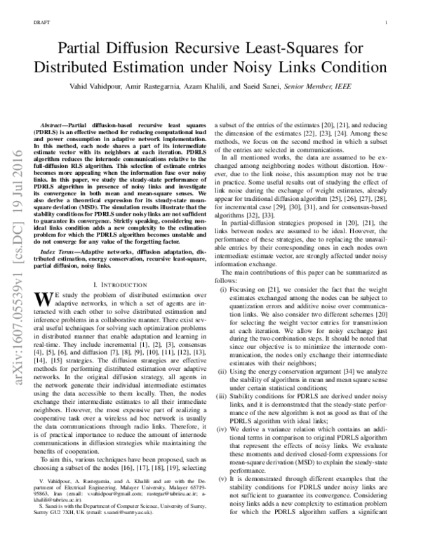 (PDF) Partial Diffusion Recursive Least-Squares for Distributed Estimation under Noisy Links ...