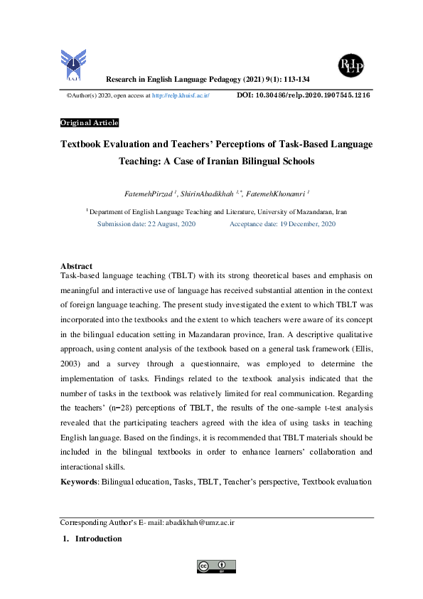 (PDF) Textbook Evaluation and Teachers’ Perceptions of Task-Based Language Teaching: A Case of ...
