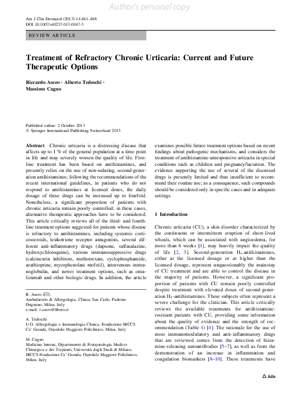 (PDF) Treatment of refractory chronic urticaria: Current and future ...